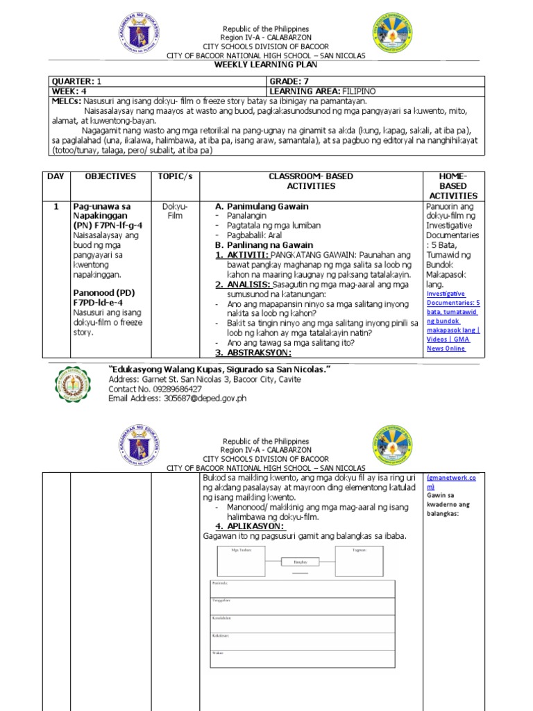 q1 - w4 Weekly Learning Plan | PDF