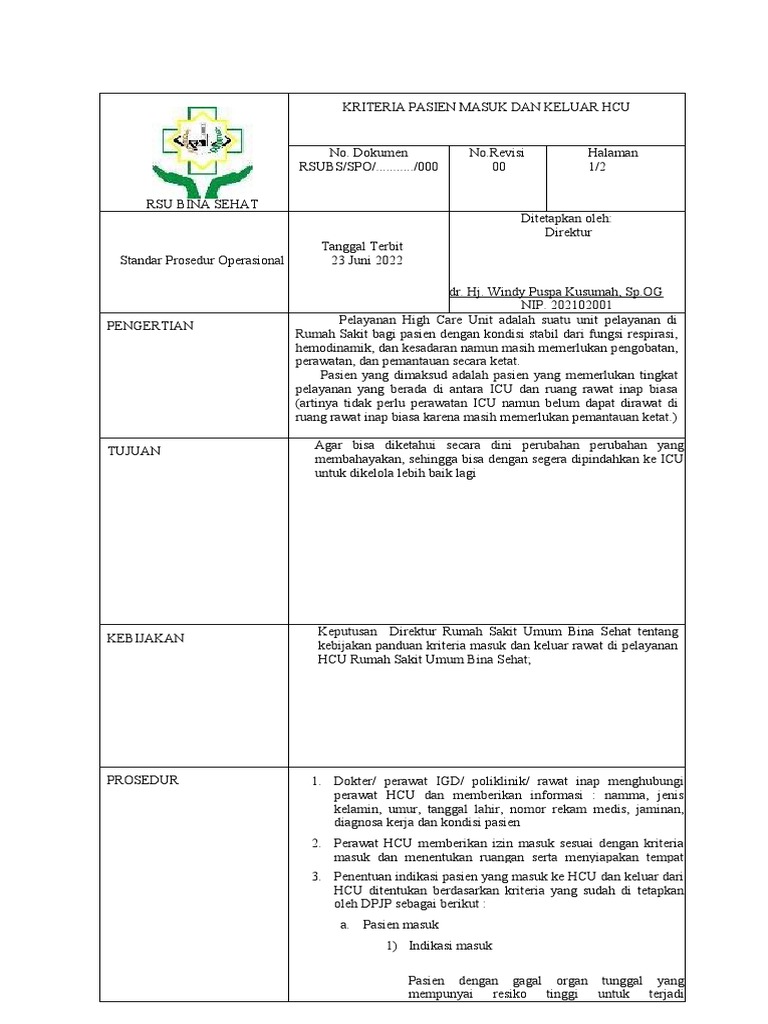 Sop Kriteria Pasien Masuk Dan Keluar HCU | PDF