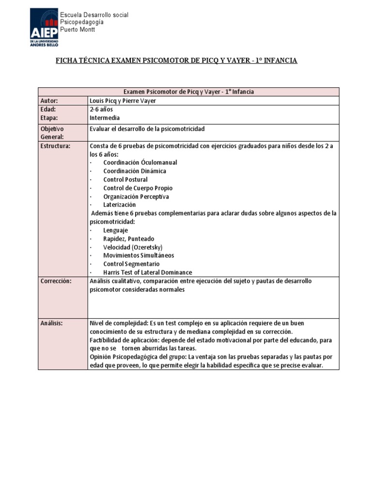 FICHA TÉCNICA Examen Psicomotor de Picq y Vayer - 1° Infancia | PDF