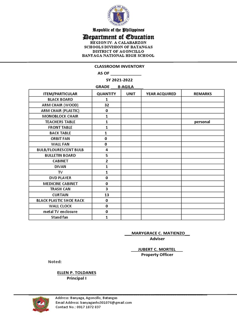 Classroom Inventory Agila | PDF