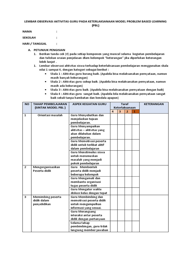 Lembar Observasi Kegiatan PBL Siswa dan Guru | PDF