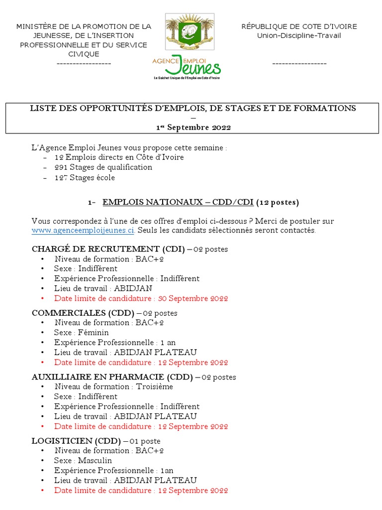 Offres d'Emploi et Stages à Abidjan | PDF | Évolution de carrière