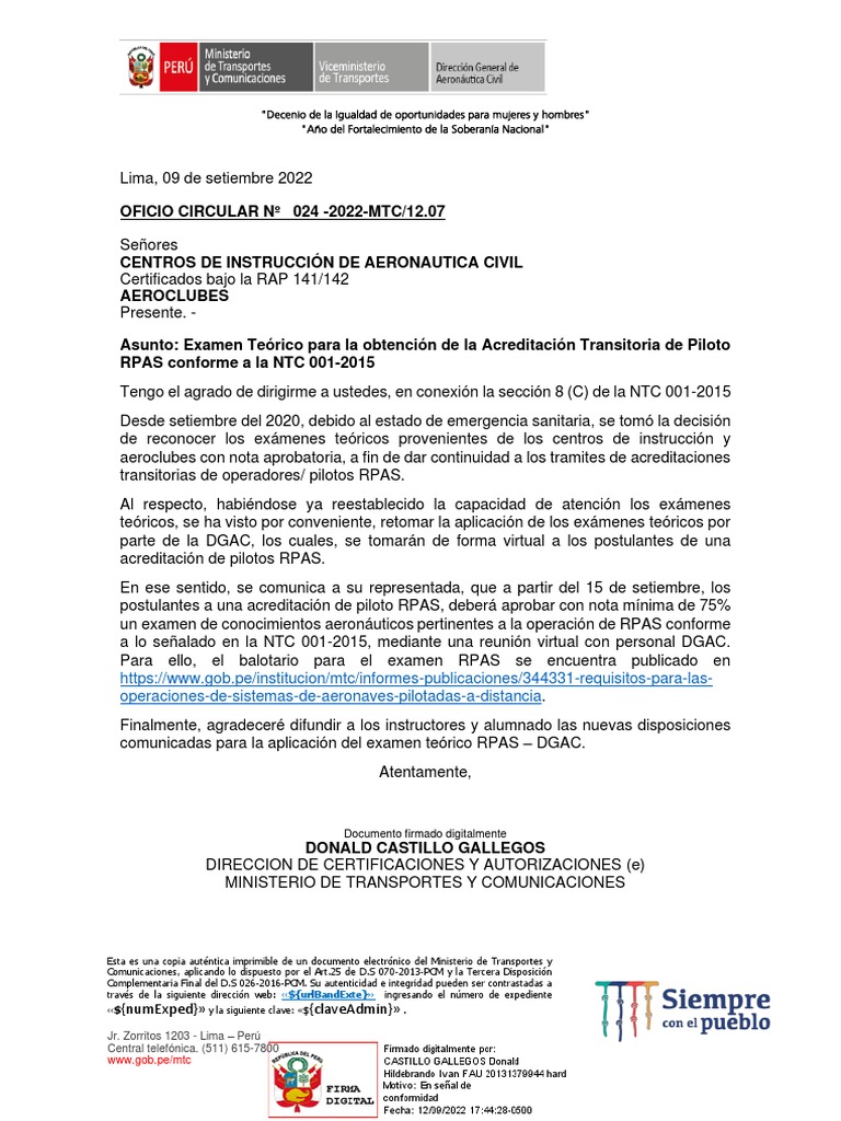 Oficio Circular 024-2022-mtc 12.07 (R) | PDF | Vehículo aéreo no tripulado | Informática