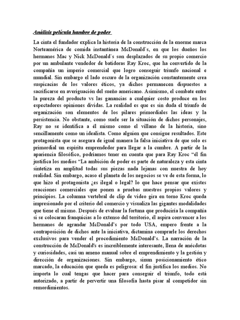 Análisis Película Hambre de Poder | PDF | Mc Donald's | Iniciativa ...
