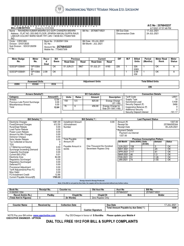 Electricity Bill Notice for July 2021 | PDF