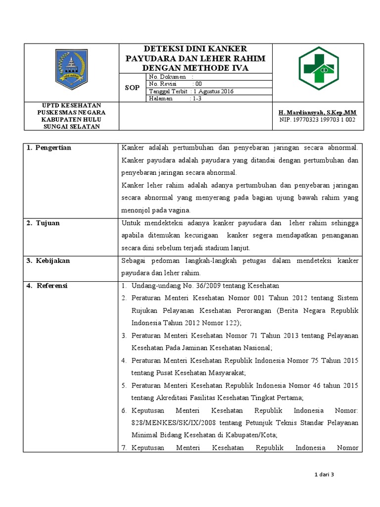 Sop Deteksi Dini Kanker Payudara Dan Leher Rahim Dengan Methode Iva | PDF
