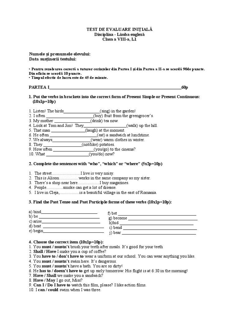 Test Initial Engleza A Viiia Cu Matrice Si Barem | PDF | Verb ...