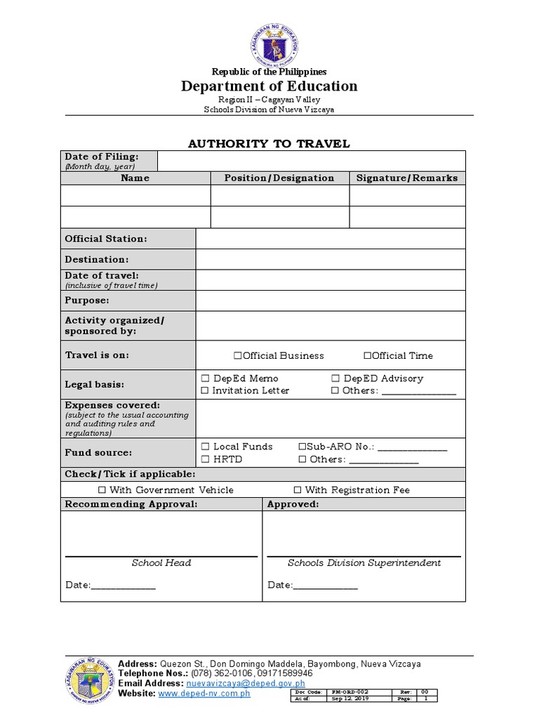 DepEd Travel Order Form Template | PDF