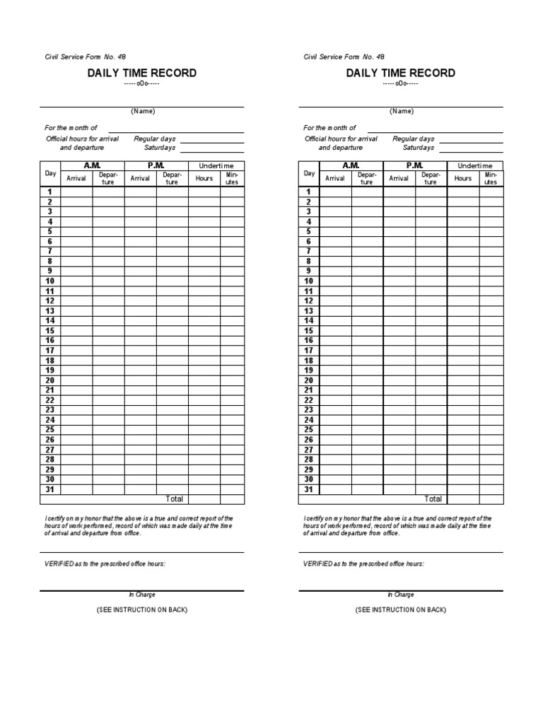 CSC Form 48 Daily Time Record (DTR) | PDF