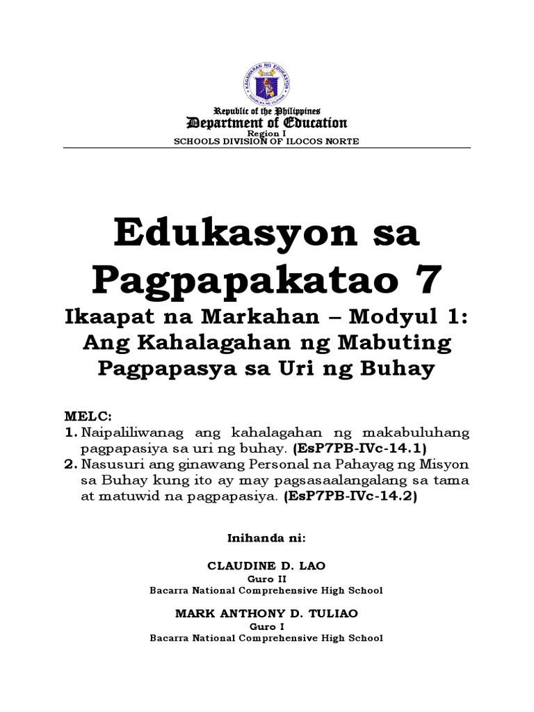 ESP 7 Q4 Week1 4 Mod1 Ang Mabuting Pagpapasya CLao MTuliao 1 | PDF