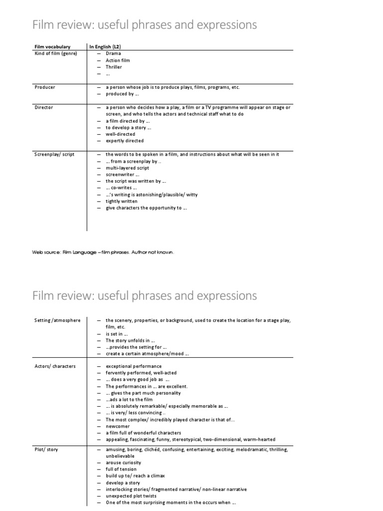 Essential Film Review Phrases | PDF | Screenplay
