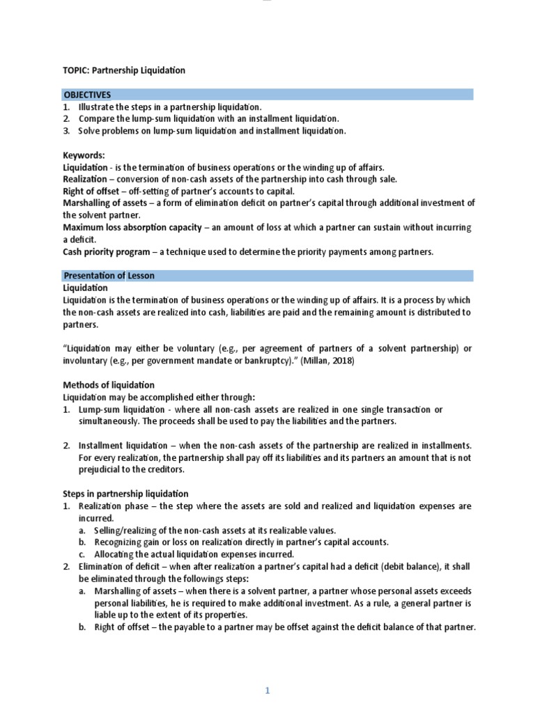 1stLecture-Partnership Liquidation | PDF | Debits And Credits | Book Value