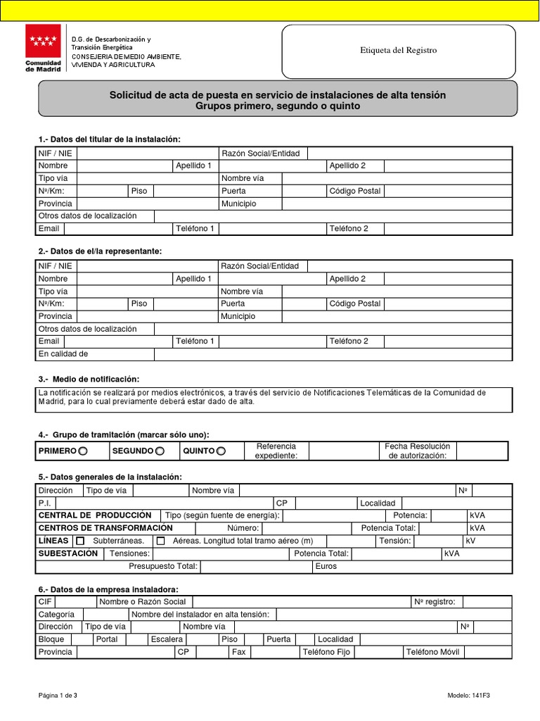 Solicitud de Acta de Puesta en Servicio de Instalaciones de Alta ...