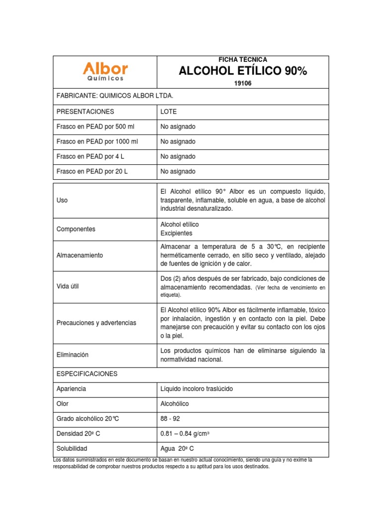 Ficha Tecnica Alcohol Etilico | PDF | Etanol | Materiales