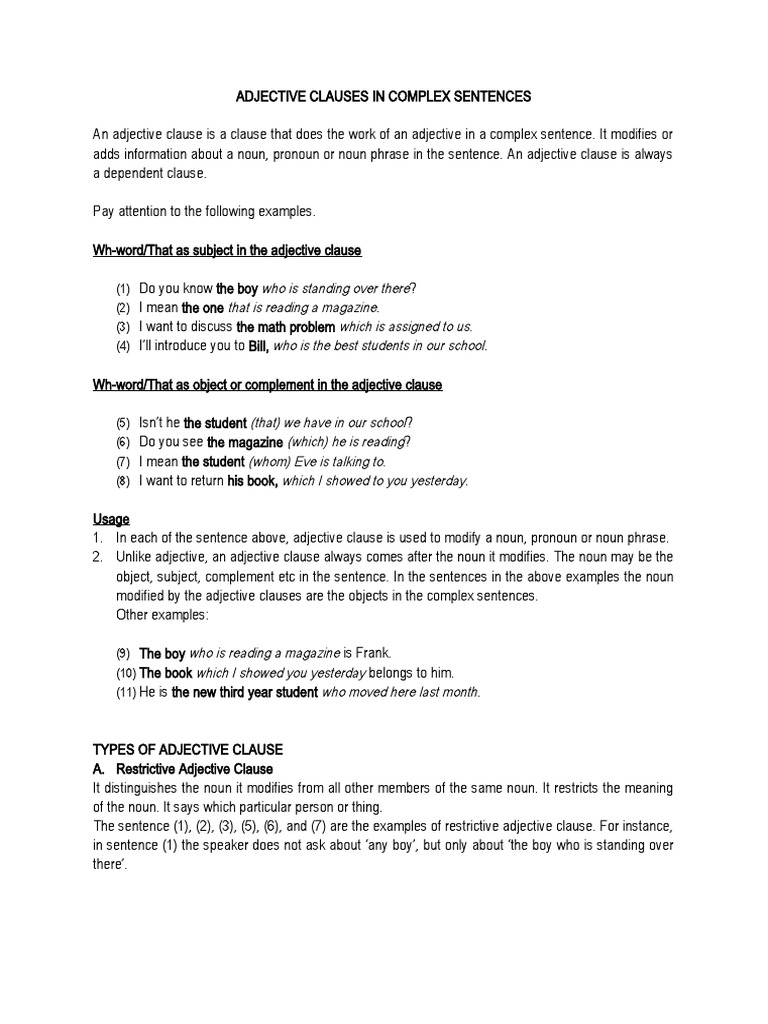 Adjective Clauses in Complex Sentences | PDF | Adjective | Noun
