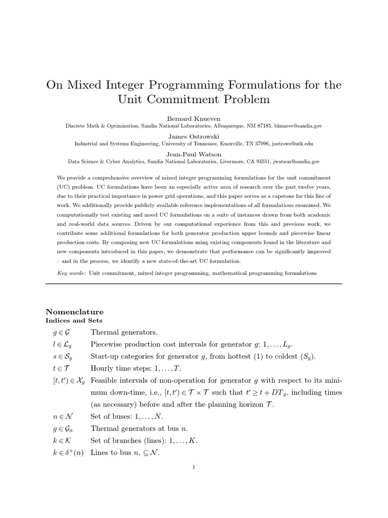 On Mixed Integer Programming Formulations For The Unit Commitment Problem Download Free Pdf