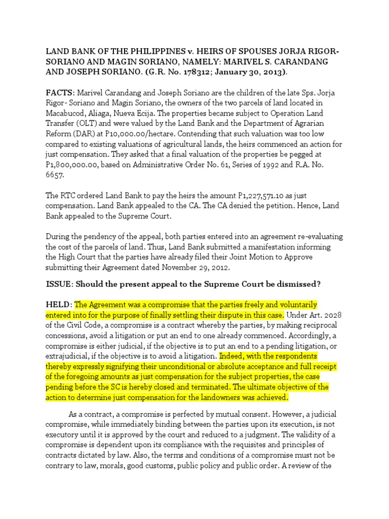 LAND BANK OF THE PHILIPPINES v. HEIRS OF SPOUSES SORIANO | Download Free PDF | Private Law ...