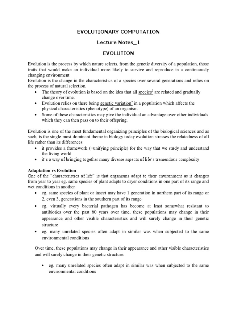 Ec Notes 1 Pdf Evolution Natural Selection