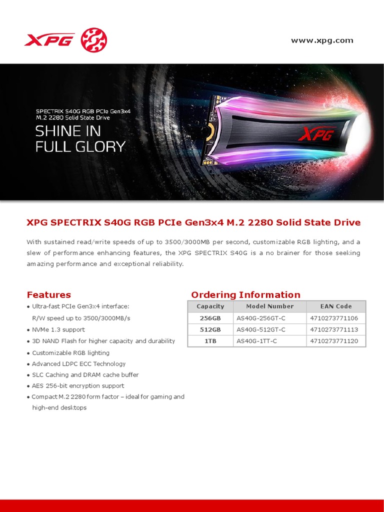 Datasheet XPG Spectrix s40g en 2019522 | PDF | Solid State Drive | Computer Data