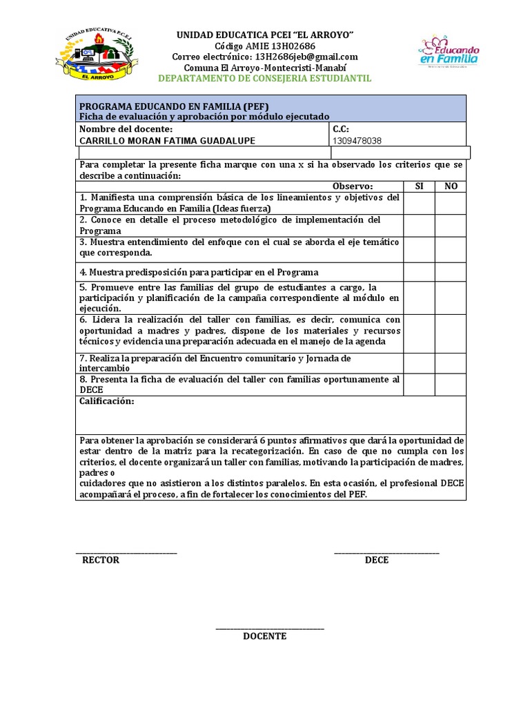 Ficha de Evaluación y Aprobación Por Módulo Ejecutado EDUCANDO EN FAMILIA | PDF