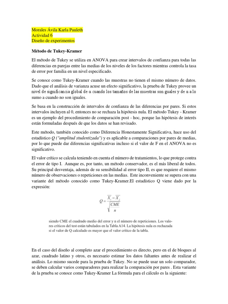 Actividad 6. Método Tukey-Kramer | PDF | Análisis de variación ...