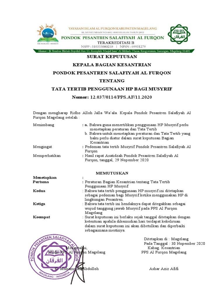 SK. TARTIB. Penggunaan HP Musyrif | PDF