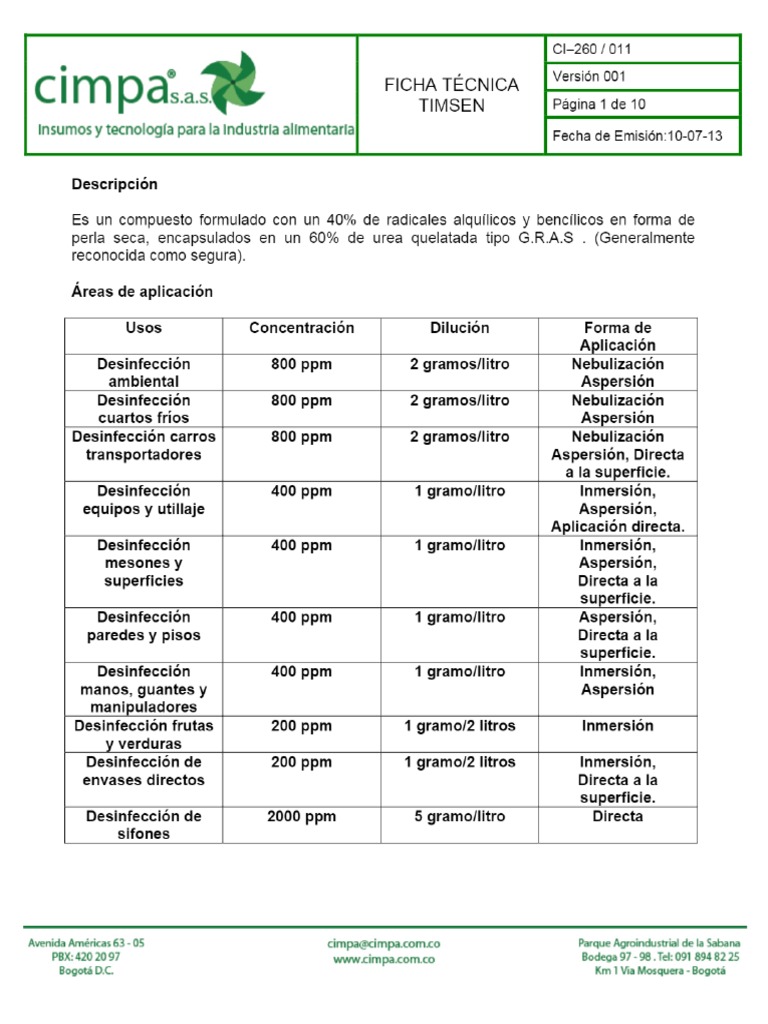 Ficha Técnica Timsen. Descripción - PDF | PDF