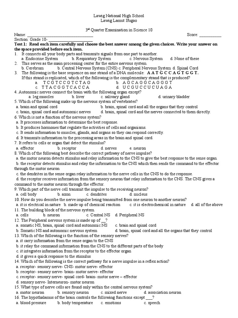 Science 10 3rd Periodical Test | PDF | Menstrual Cycle | Neuron