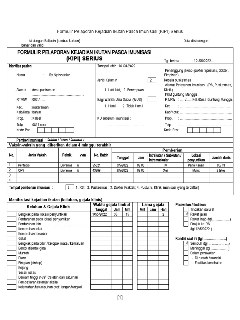 Formulir Pelaporan KIPI Serius Dan Format Investigasi New | PDF