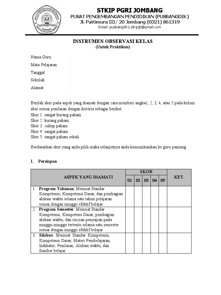 Instrumen Observasi Kelas STKIP Jombang | PDF