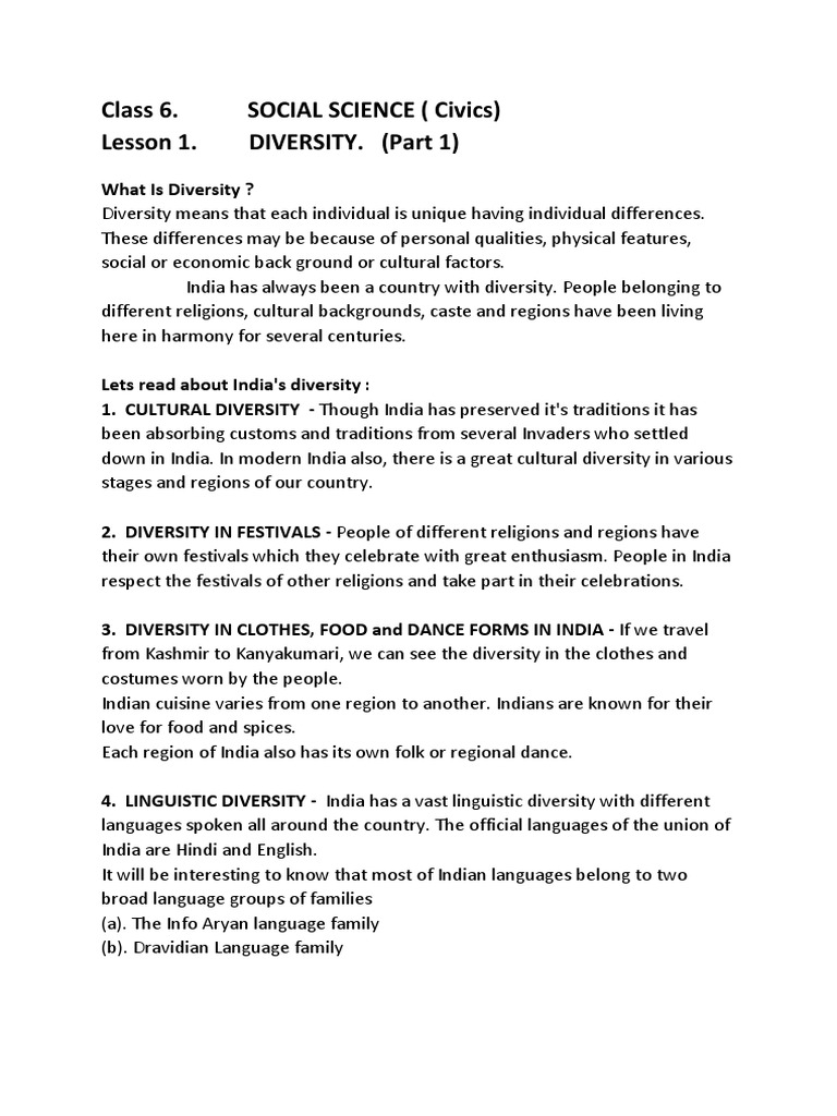 Class 6th - Soc - Sc. - Civics - Lesson - 1 | PDF | Multiculturalism | Languages Of India