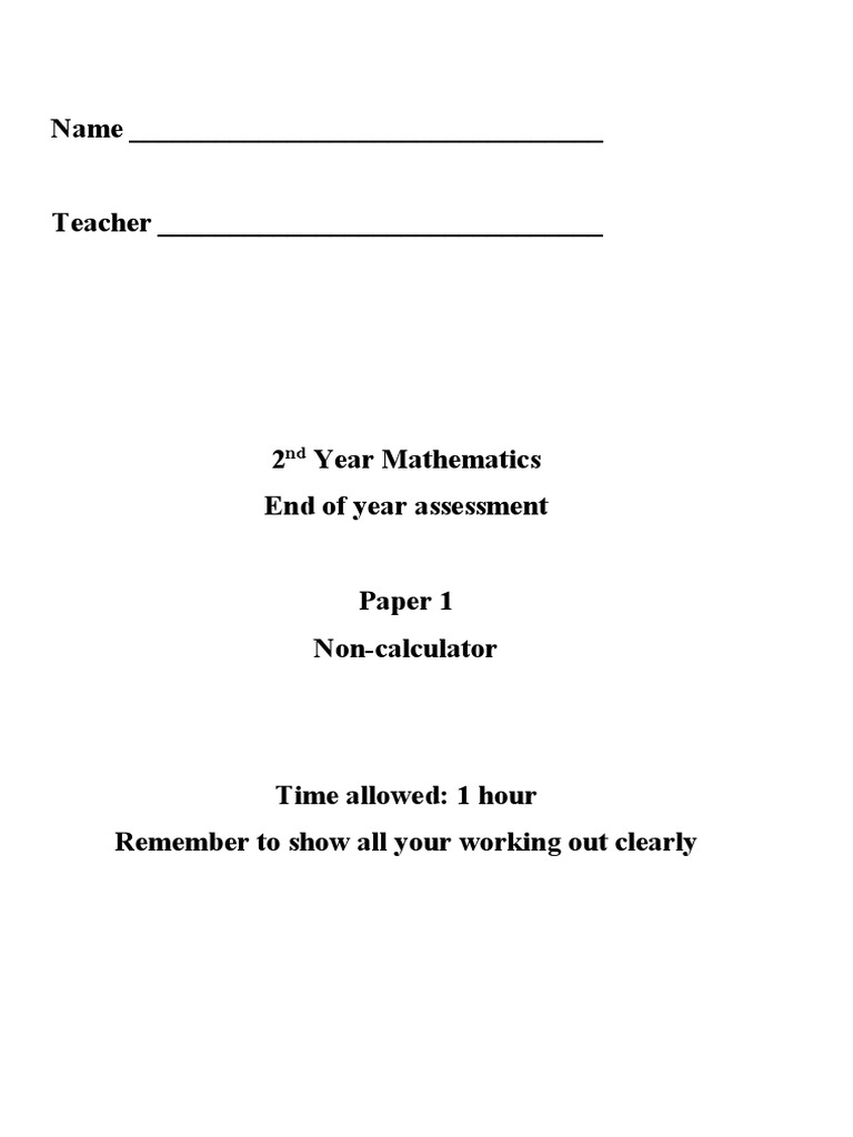 Mathematics End of Year Assessment: Solving Equations, Working with ...