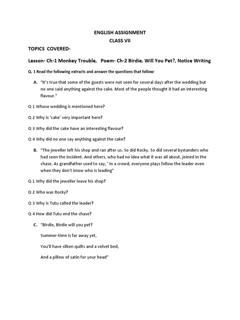 Class VII English Assignment: Topics Covered | PDF