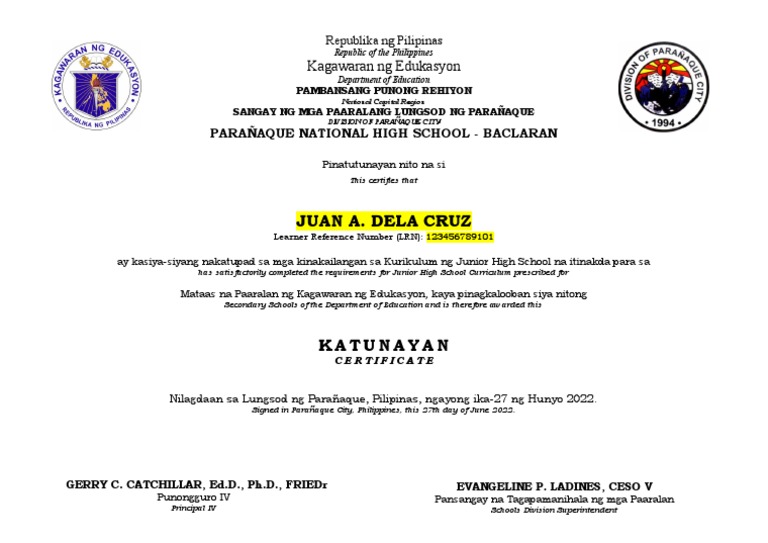 2022 JHS Certificate of Completion A4 Size | PDF