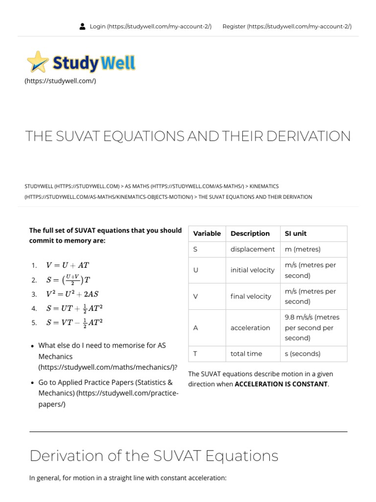 The SUVAT Equations and Their Derivation - StudyWell | PDF | Equations Of Motion | Acceleration