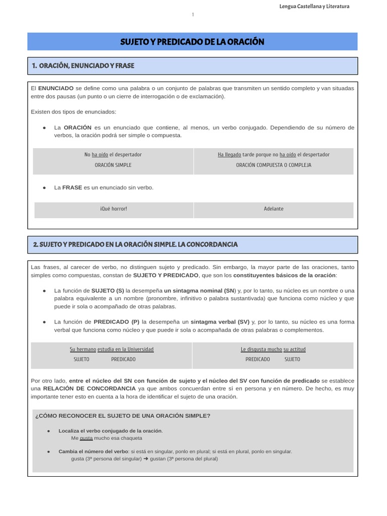 Sujeto y Predicado de La Oración | PDF | Asunto (gramática) | Predicado ...
