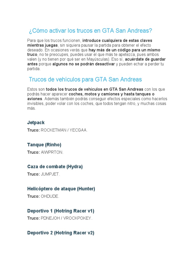 Cómo Activar Los Trucos en GTA San Andreas | PDF
