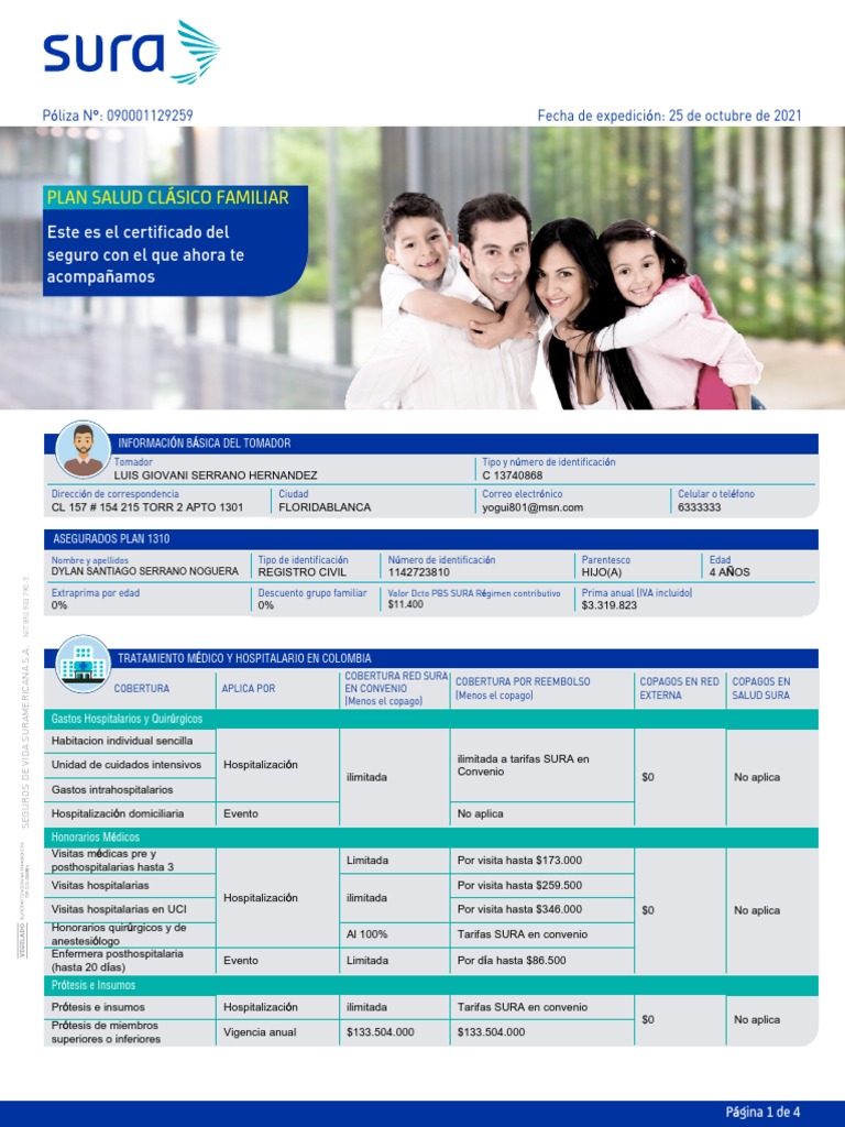 Cobertura Seguro Salud Familiar SURA | PDF | Póliza de seguros | Asma