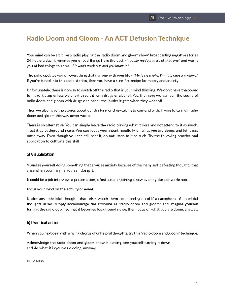 Radio Doom and Gloom An ACT Defusion Technique 1 | PDF