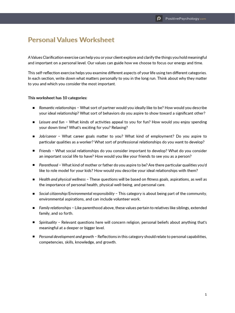 Personal Values Clarification Worksheet | PDF | Parenting | Leisure