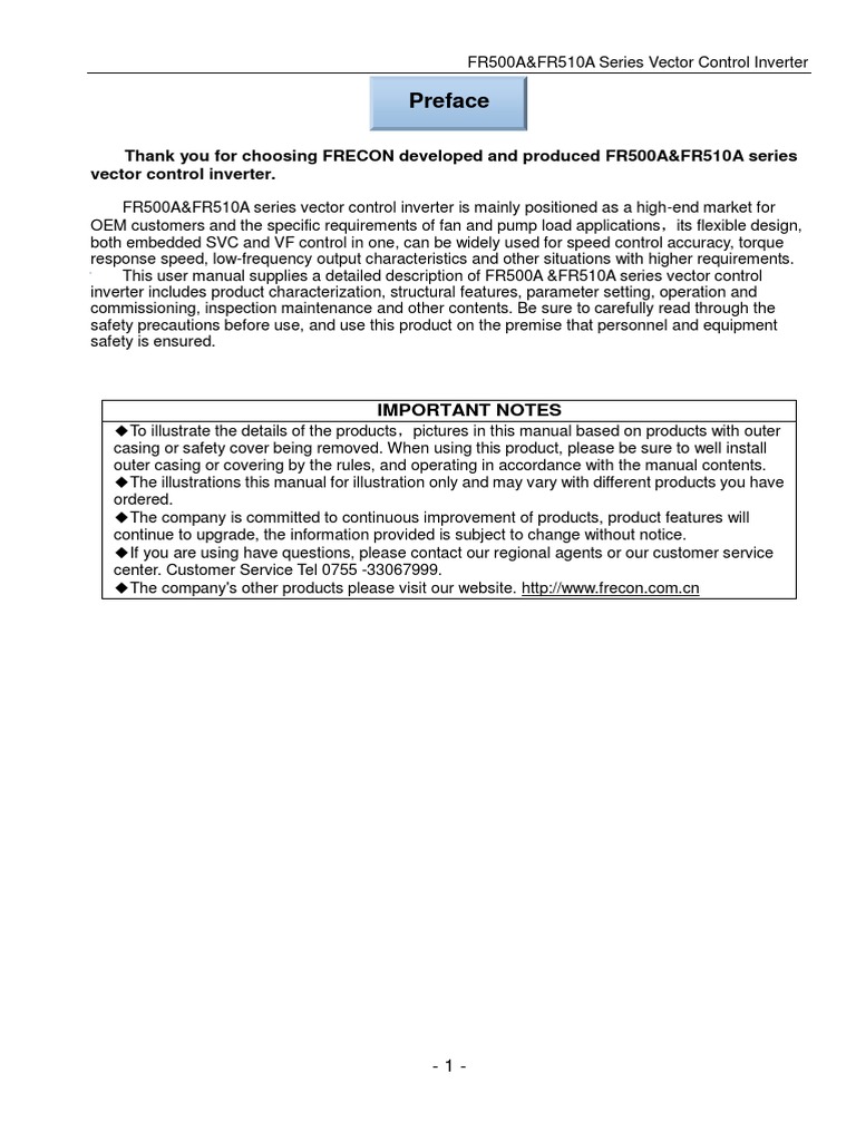 FR500A Vector Control Inverter Manual | PDF | Power Supply | Direct Current