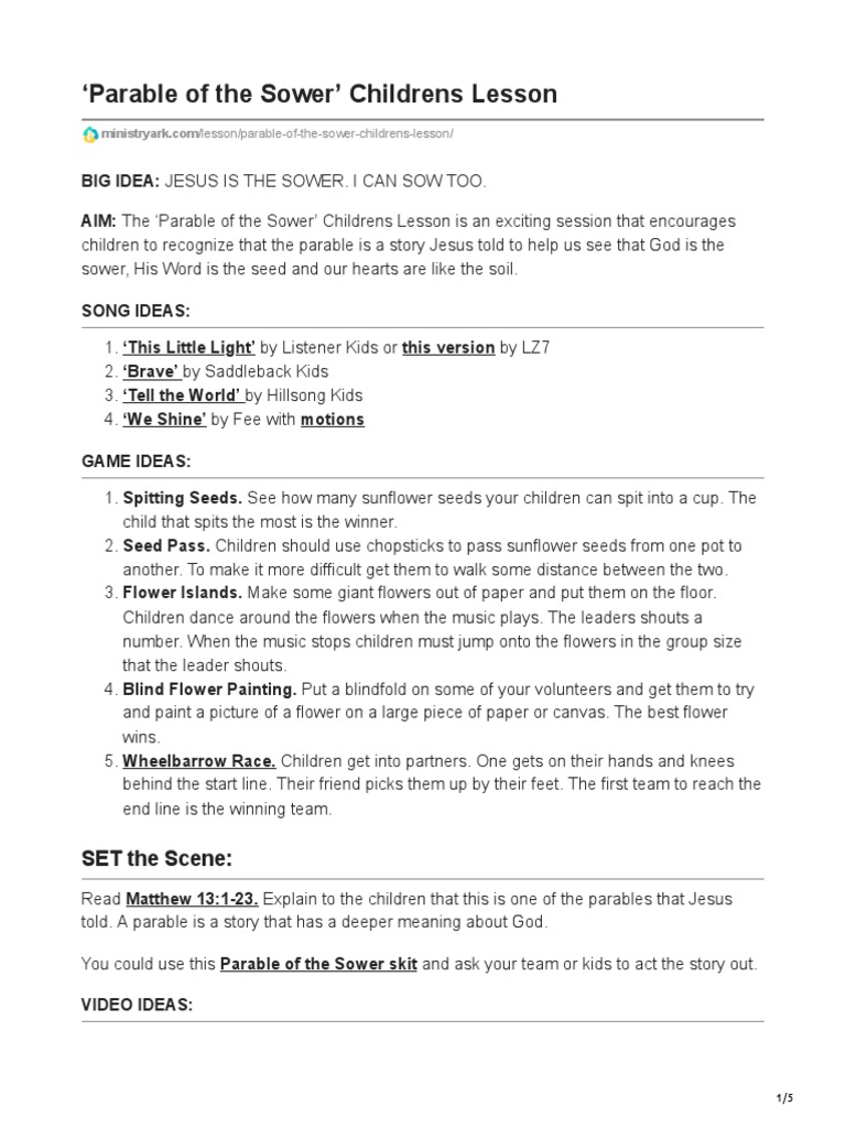 Parable of The Sower Childrens Lesson | PDF | Jesus