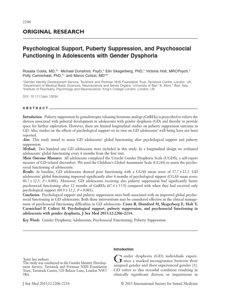 Psychological Support, Puberty Suppression, and Psychosocial ...