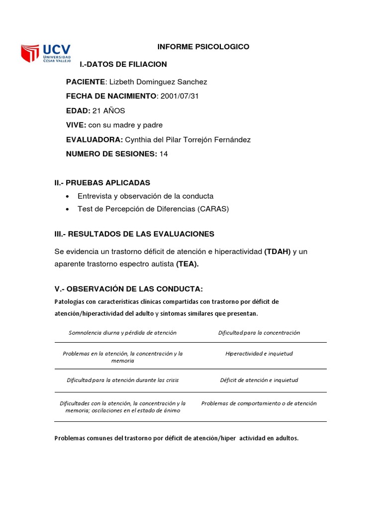 Ejemplo de Informe Psicologico | PDF