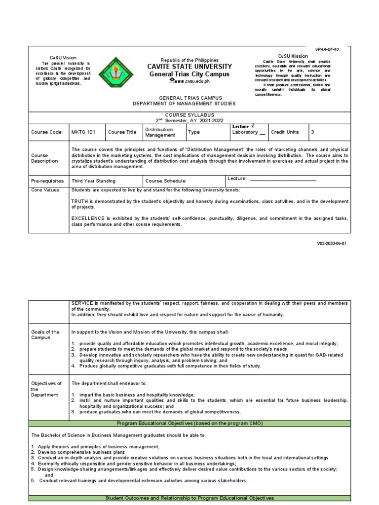 MKTG 101 DISTRIBUTION MANAGEMENT Syllabus | PDF | Marketing | Learning