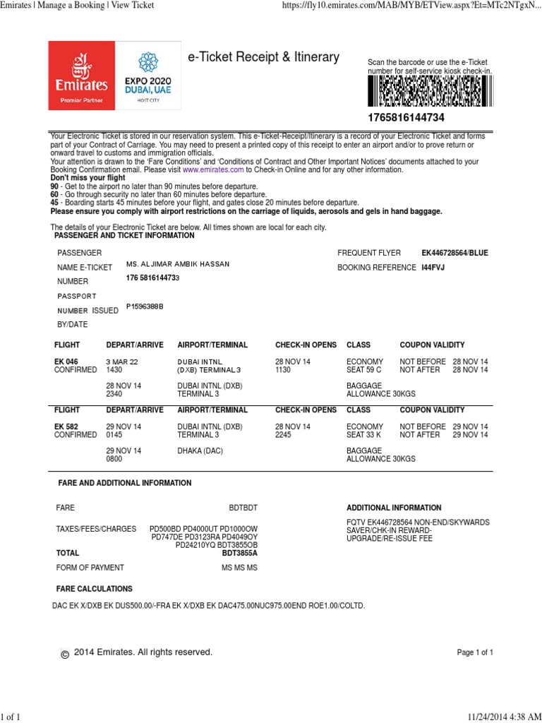 Emirates Return Ticket | PDF | Transport | Service Industries