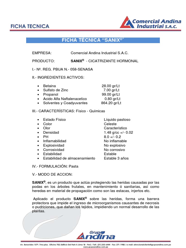 Sanix - Ficha Tecnica | PDF | Química