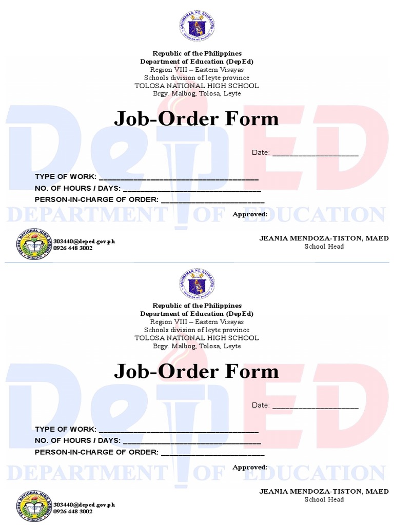 Job Order Form for Tolosa National High School | PDF