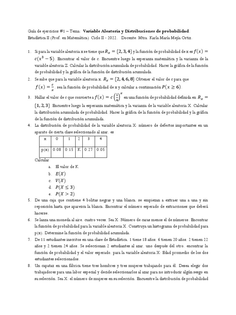 S DE PROBLEMAS DE DISTRIBUCIONES DE PROBABILIDAD Y VARIABLES ALEATORIAS] | PDF | Variable ...