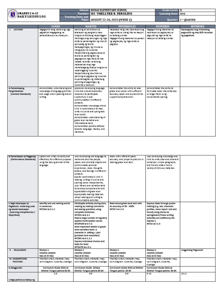 DLL - MTB 2 - Q1 - W1 | PDF